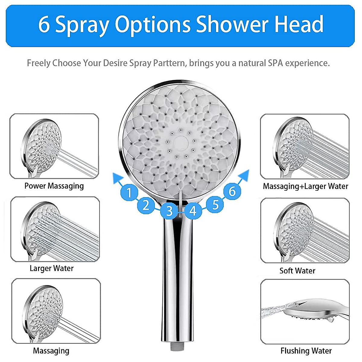 Shower Head, 8'' High Pressure Rainfall Shower Head / Handheld Showerhead Combo with 11'' Extension Arm, CUMIZON 6 Spray Settings Handheld Showerhead with Holder/ Hose, Flow Regulator, Chrome