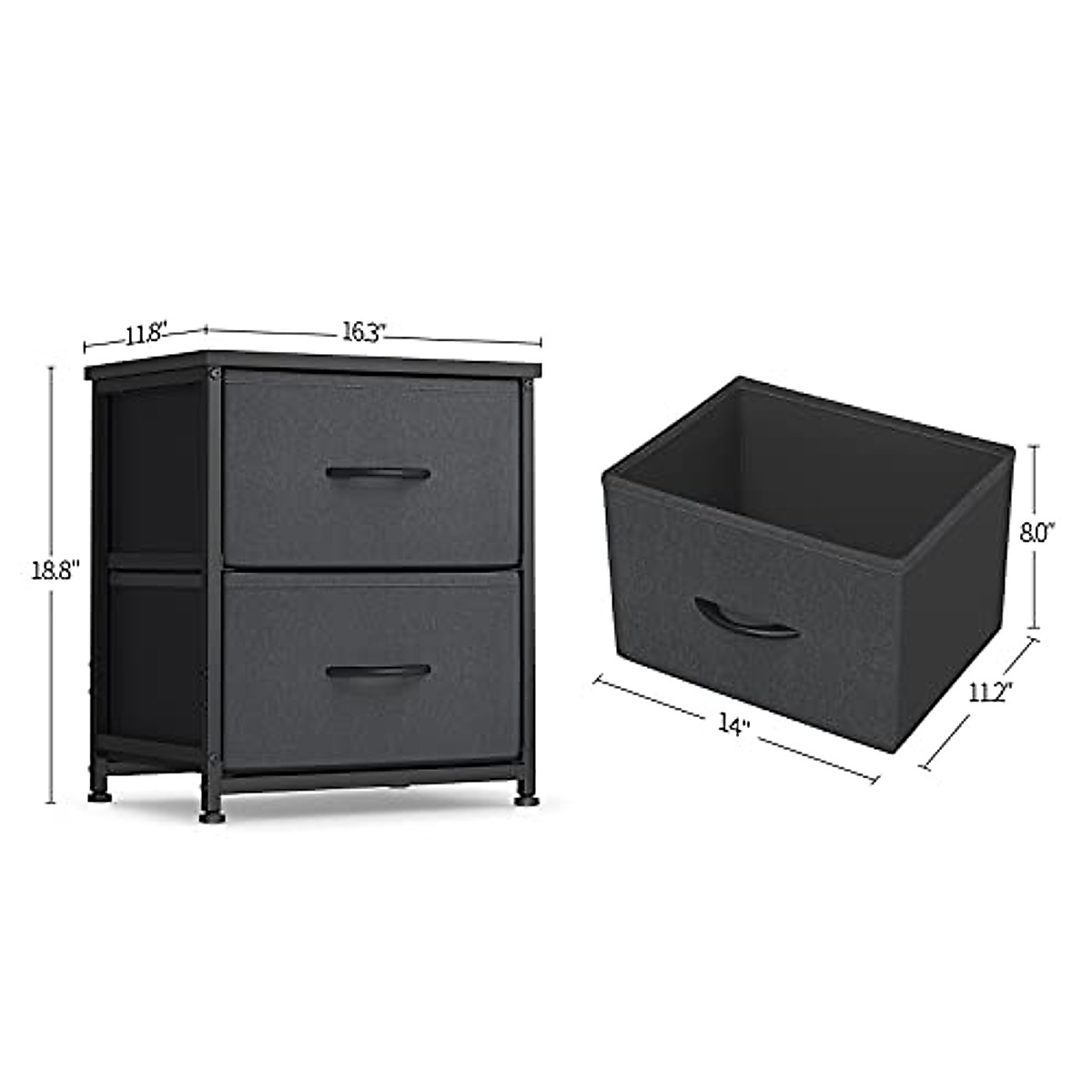 FEZIBO 2 Drawers Fabric Dresser, Nightstand for Bedroom, Small Storage Tower Organizer Unit for Closet Hallway Entryway Nursery Room, Steel Frame, Wood Top, Black Grey