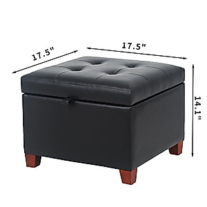 Asense 17 Inch Square Storage Ottoman,Small Foot Rest Stool for Couch, Faux Leather Upholstered Footstool Cube for Entryway Bedroom Living Room, Black