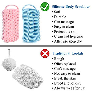 Silicone Body Scrubber Loofah, 2 in 1 Shower Scrubber for Body, Soft Silicone Loofah for Sensitive Women Men All Kinds of Skin, Scalp Massager Shampoo Brush, Exfoliating Bath Brush (2PC, Blue&Pink)