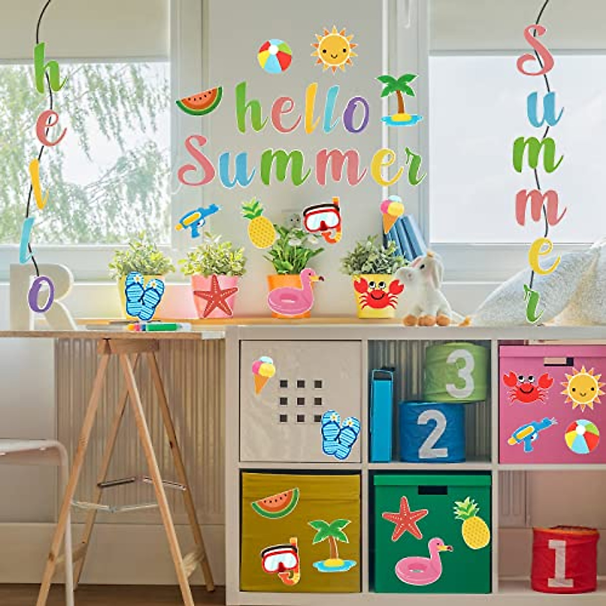 46 Pcs Hello Summer Cutouts Summer Bulletin Board Set Hawaii Ice Cream Watermelon Palm Tree DIY Paper Cutouts Wall Decals Beach Party Decorations for Classroom Kindergarten Party Supplies