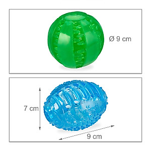 Relaxdays Chew Set of 2, Dog Toy Dental, Squeaks, Bite-Proof, Robust, 2 Sizes Teeth Cleaning Balls, Green/Blue, One