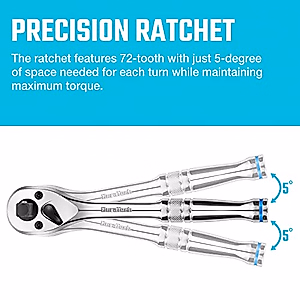 DURATECH 3-IN-1 Ratchet Handle, 1/4", 3/8", 1/2" Drive Ratchet Wrench, 72-Tooth, Reversible Switch, Full-Polished Chrome Plating, Alloy Steel