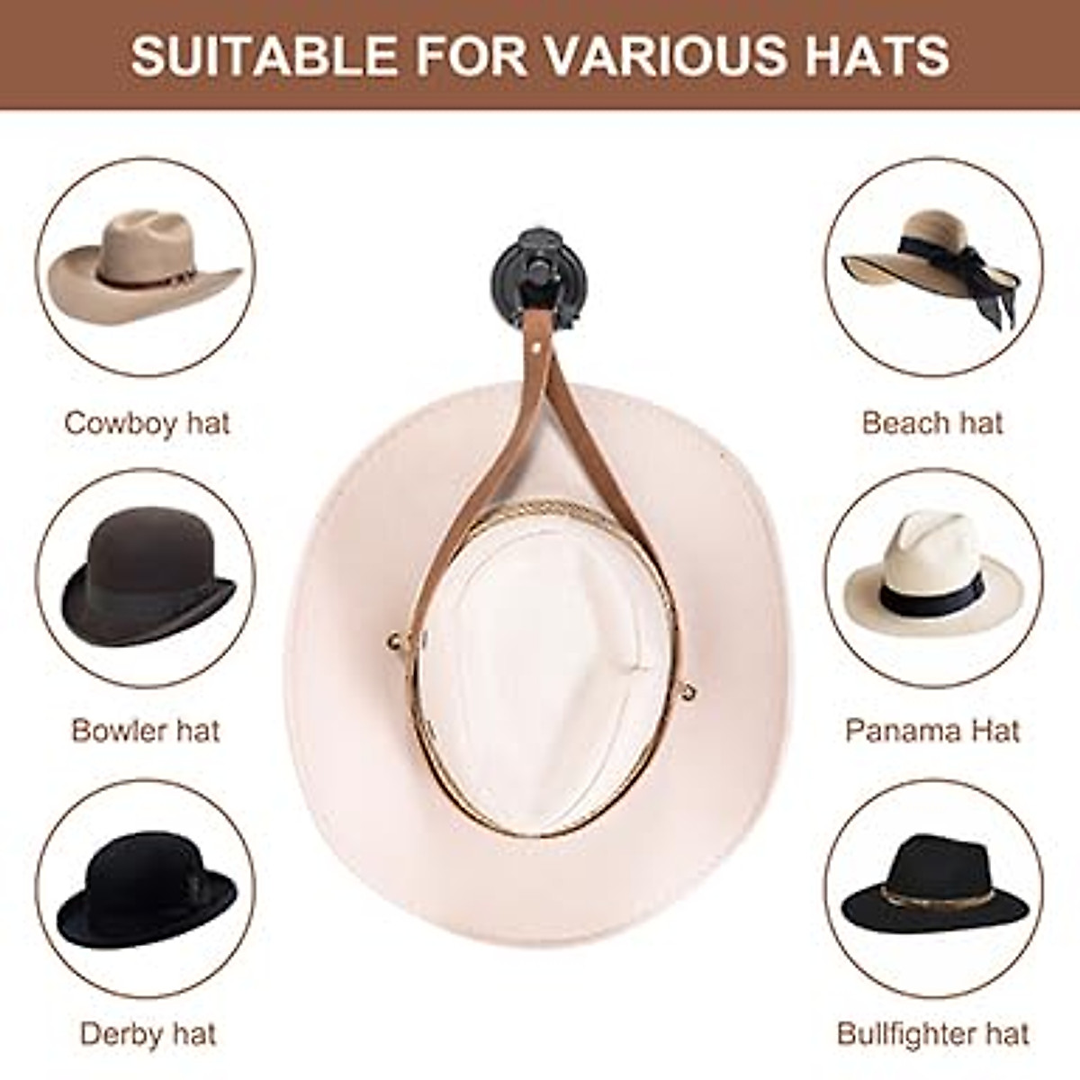 Cowboy Hat Holder for Truck Holder - Keep Your Cowboy Hat Safe While Driving with Our Hat Holder for Truck - The Ultimate Cowboy Hat Rack for Pickup with Strong Suction Cups and Genuine Leather Cord