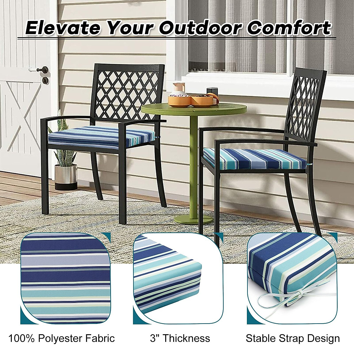 Basic Beyond Outdoor Chair Cushions for Patio Furniture, Waterproof Outdoor Cushions, Square Corner Patio Chair Cushions Set of 4 with Ties, 18.5"x16"x3", Pinstriped Blue