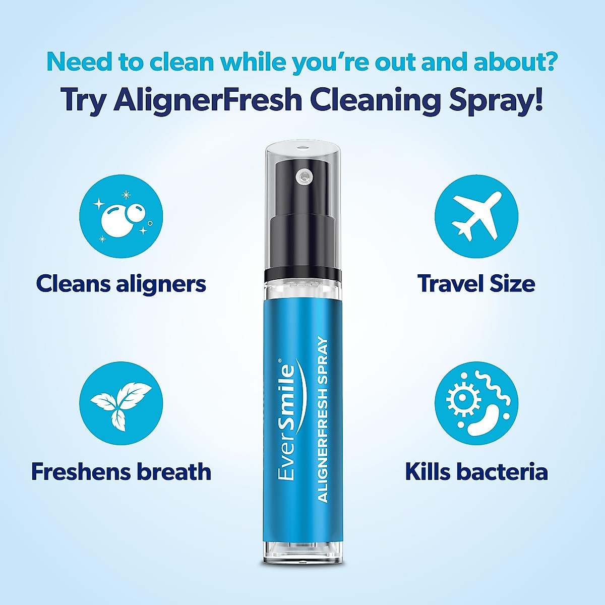EverSmile AlignerFresh Cleaning Spray for Invisalign and All Clear Aligners and Retainers – On-the-Go Cleaning & Teeth Whitening, Kills Bacteria, Fights Bad Breath – Mint Flavor, 10ml (2 Pack)