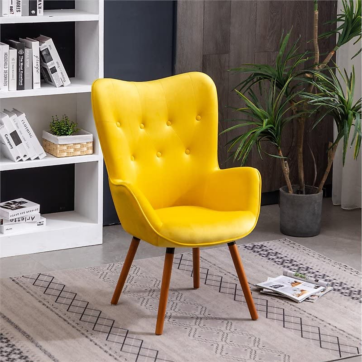 Roundhill Furniture AC155YL Doarnin Silky Velvet Tufted Button Accent Chair, Yellow 30D x 41.5W x 26.8H in