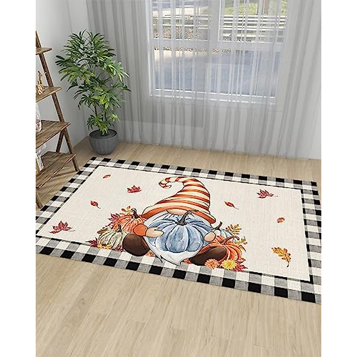 Thanksgiving Plaid Area Rug 2'7"x5',Outdoor Indoor Small Carpet Runner for Girls Boys Bedroom,Living Room,Bathroom,Classroom,Office,Kitchen,Washable Area+Rug Buffalo Check Gnome Pumpkins Black Beige
