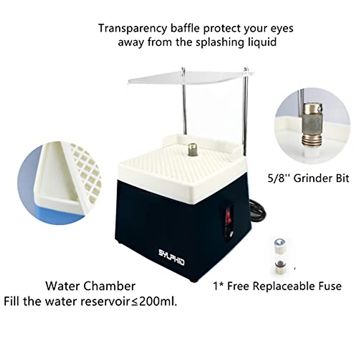 SYLPHID Portable Mini Glass Grinder 110V Stained Grinder Machine for Diamond Ceramic Shell Art DIY, Free 5/8'' Grinder Bits Included (With Baffle/Black)