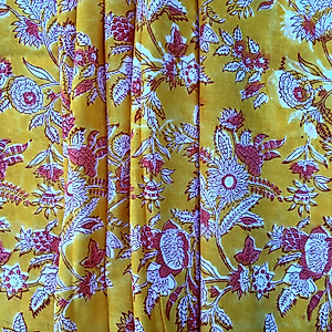 E-Tailor® Cotton Floral Print Cotton Fabric by Yard, Natural Dyes Sanganeri Indian Cotton Fabric Hand Block Printed Handmade Cotton Fabric-1 Yard-Floral-Mustard Yellow