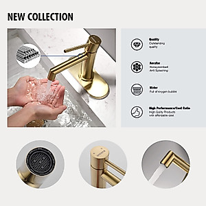 Brushed Gold Bathroom Faucet with Plastic Pop Up Drain, 6.25'' Metal Escutcheon and Supply Lines, Single Handle Stainless Basin Mixer Tap, Modern Bathroom Sink Faucet for 1 or 3 Hole Vanity Sink