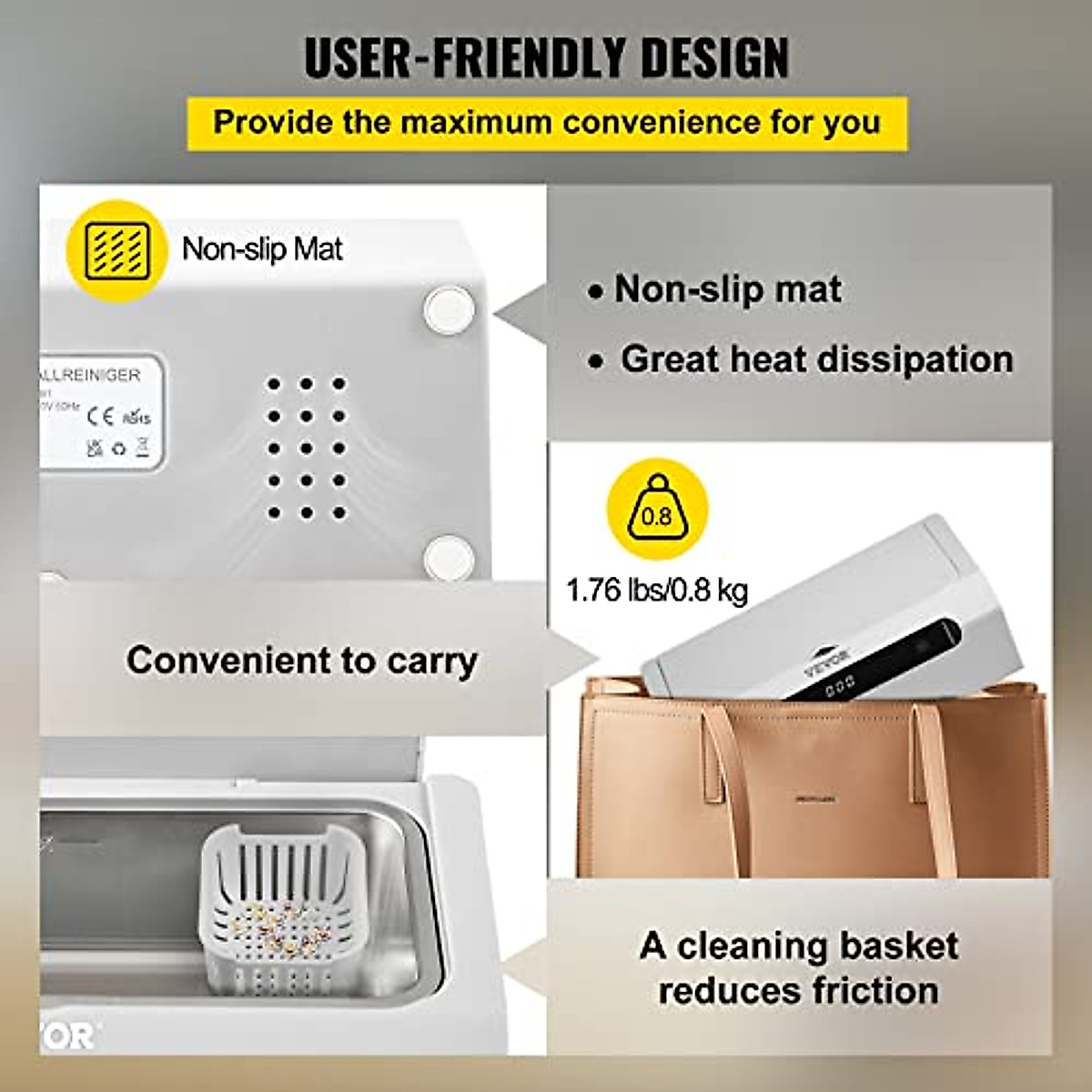 VEVOR Ultrasonic Jewelry Cleaner, 45kHz 500ml, Professional Ultrasonic Cleaner w/ 4 Digital Timer & SUS 304 Tank, Cleaning Basket Included, Ultrasonic Cleaner Machine for Jewelry Watches Coins, White