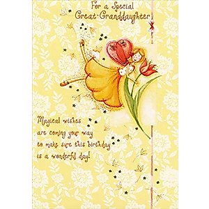 Designer Greetings Fairy Holding Single Red Flower: Magical Wishes Juvenile Birthday Card for Great-Granddaughter