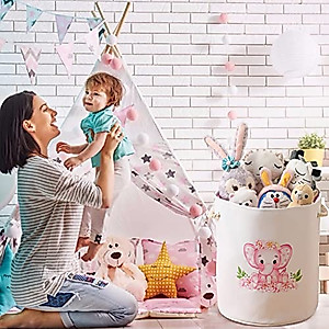 INough Extra Large Hamper for Baby Girl,Elephant Baby Hamper for Nursery, 58L Pink Laundry Basket Gift Bags for Girls Canvas Toy Storage Basket for Play Room Kids Room College Dorms Bedroom
