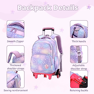 LANSHIYA Dream Princess Wind Rolling Backpack for Girls Wheeled Travel Bag Trolley School Bag Pink Six Wheels