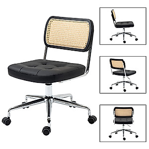 Newnno Mid Century Modern Home Office Chair with Wheels, Armless Leather Desk Chair Rattan Chair, Upholstered Adjustable Height Task Chair Swivel Computer Chair, Black