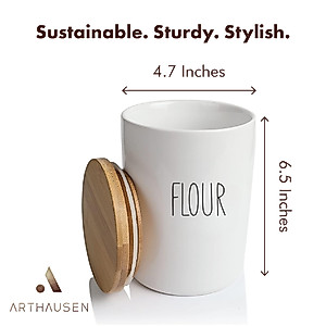 Arthausen White Ceramic Storage Jar Canister for Flour - Airtight Bamboo Lid w/Silicone Seal, Spoon - Modern Abstract Art Design for Kitchen Counter or Bathroom - 4 cup / 1080mL