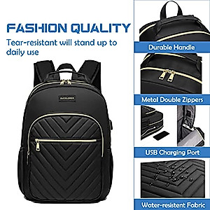 Laptop Backpack for Women, Fashion Quilted Backpack Purse, Anti Theft Computer Travel Backpack with USB Charging Port, Water Resistant Work Backpack for Men, Teacher/Nurse Bag 15.6-Inch, Black