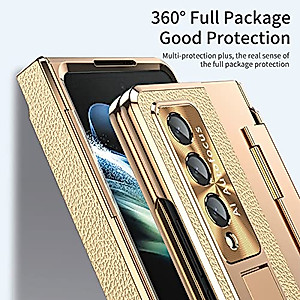 Hinge Protection Case for Samsung Galaxy Z Fold 3 5G with Pen Holder,Luxury Plating Built-in Screen Protector Dustproof Shockproof Case Cover Compatible with Samsung Galaxy Z Fold 3 5G(Gold+Gold)
