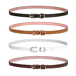 LEACOOLKEY 4 PACK Skinny Leather Belt for Women Dress Thin Waist Belt with Gold Buckle for Jeans