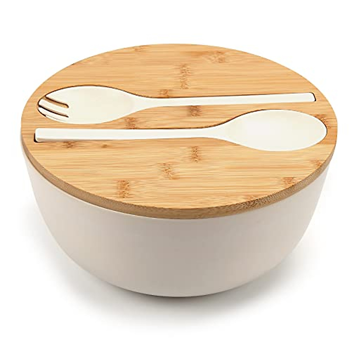 Large Salad Bowl with Lid, Bamboo Fiber Salad Serving Bowl Set with Utensils, 9.8inches Mixing Bowl with Servers, Solid Bamboo Wooden Bowl for Salad, Fruits, Vegetables and Pasta(White)