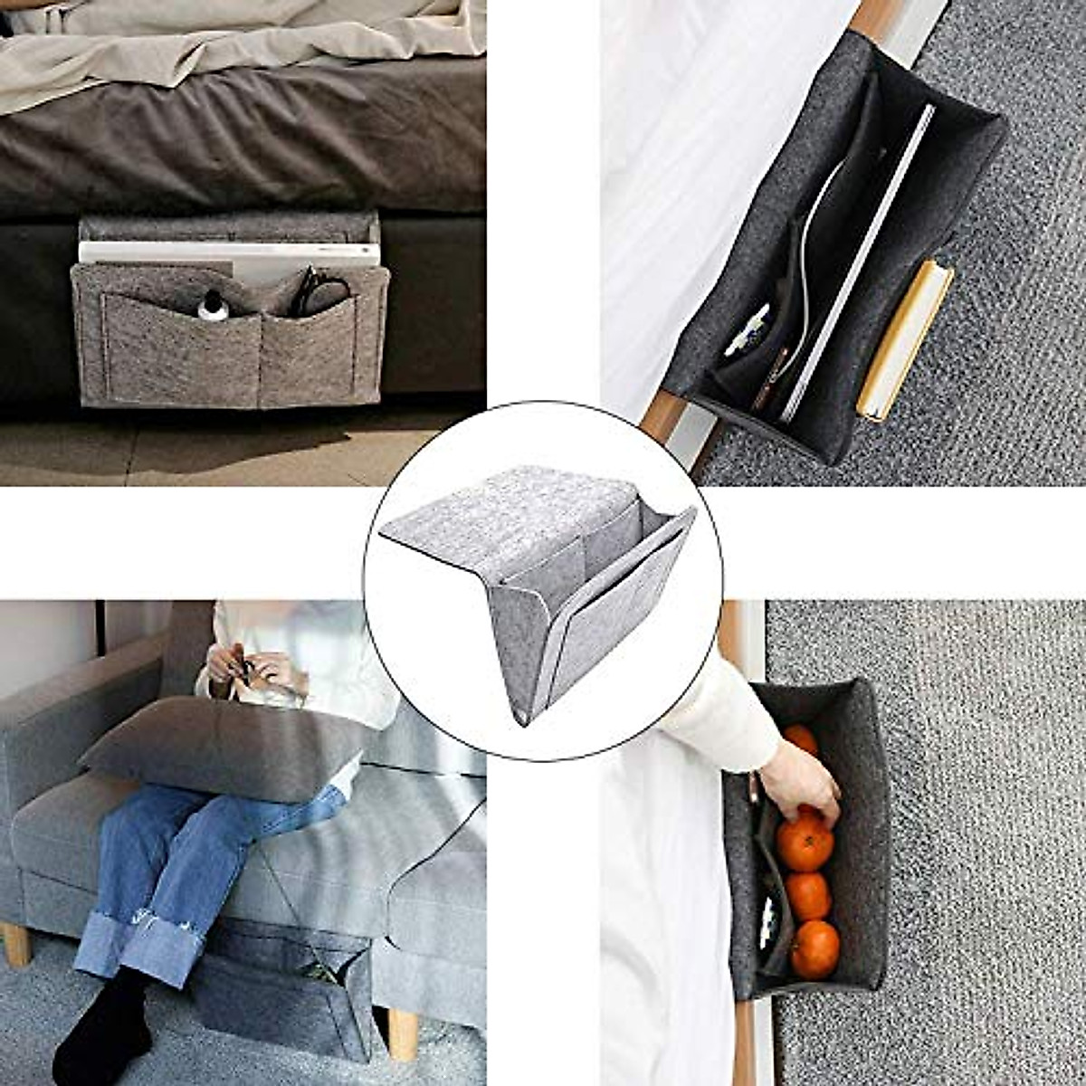 Fashion·LIFE Bedside Pocket Bedside Caddy Hanging Storage Bag Armrest Organizer Chair, Desk Sofa Slipcovers, TV Remote Controller Holder Table Cabinet Pouch,No Hole Grey