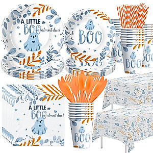 APOWBLS Halloween Baby Shower Decorations Tableware - A Little Boo Is Almost Due Baby Shower Decorations, Plates, Cups, Napkins, Tablecloth, Cutlery, Halloween Baby Shower Party Supplies | Serve 24