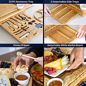 VAREZZA Bamboo Cheese Board and Knife Set. Extra Large Charcuterie Board Set - Serving Board, Side Cheese Tray, Round Marble Fruit Cheese Platter, 23 Entertaining Accessories for House Warming Gifts