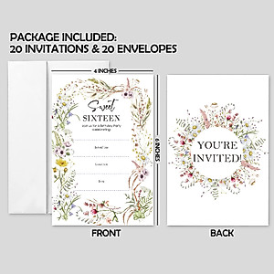 AEHIE 16th Birthday Garden Wildflowers Invitation Cards with Envelopes, 20 Count, Multicolor