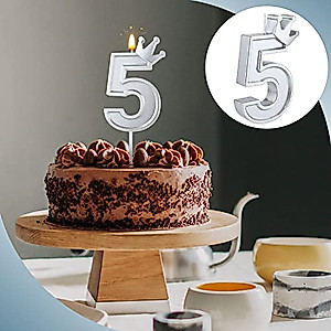 3inch Crown Number Candle, Bright Silver 3D Birthday Number Candle Cake Topper with Crown Cake Numeral Candles Number Candles for Birthday Anniversary Parties (Number 5)