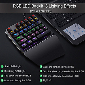Kinoth One Handed Mechanical Gaming Keyboard with Blue Switches, RGB LED Backlit, 35 Keys, Quick Responsive Gaming Keypad with Wrist Rest, USB Wired Half Keyboard for LOL/PUBG for Mac/Window/PC Gamer