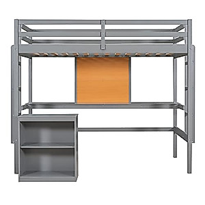 BOVZA Twin Size Loft Bed with Desk and Writing Board, Wood Loft Bed Frame with 2 Drawers Cabinet and 2 Side Ladders, Gray