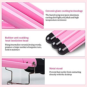 3 Barrel Curling Iron-Dual Voltage Hair Crimper,1 Inch Ceramic Tourmaline with Temperature Adjustable Hair Waver Style Tool(Pink)