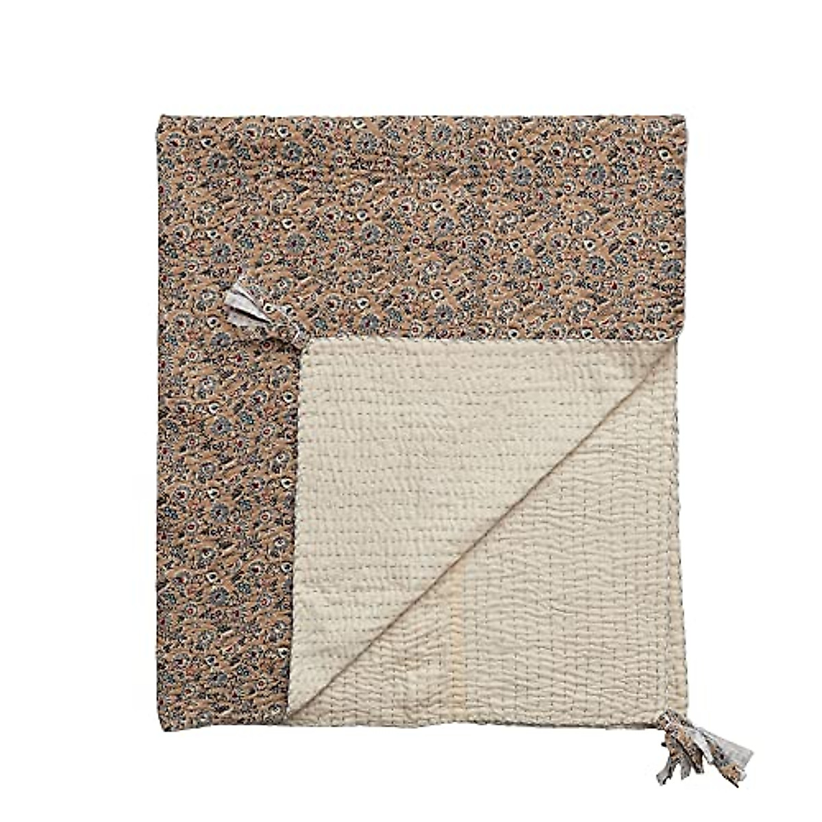 Creative Co-Op Cotton Kantha Stitch Floral Print and Tassels, Multicolor Throw Blanket, Multi