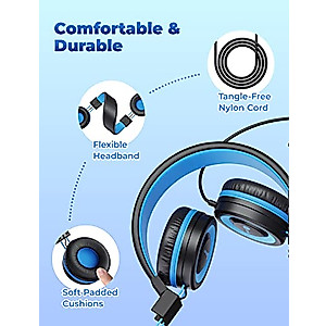 iClever HS14 Kids Headphones, Headphones for Kids with 94dB Volume Limited for Boys Girls, Adjustable Headband, Foldable, Child Headphones on Ear for Study Tablet Airplane School, Black, Blue