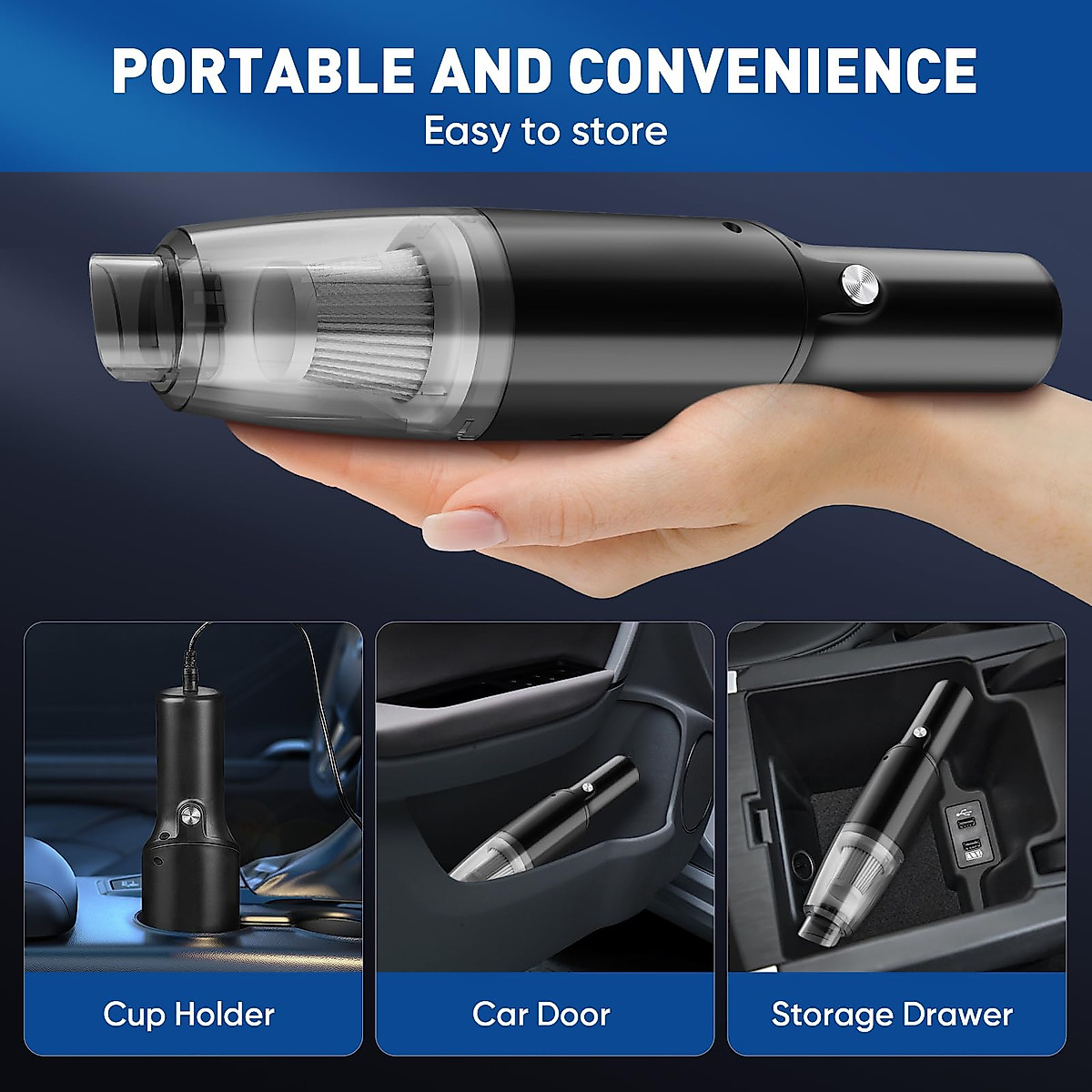 Portable Mini Car Vacuum Cleaner,10000Pa High Power Suction Cordless Rechargeable Vacuums with Low Noise, Wireless Handheld Powerful Small Car Vacuum Cleaner 45° Foldable Handle for Car/Home/Office