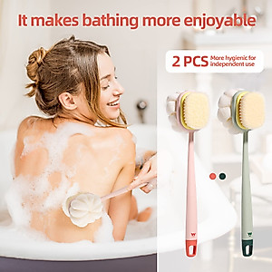 Yiesoum Body Shower Brush with Bristles and Loofah,Back Scrubber Bath Mesh Sponge with Long Handle for Skin Exfoliating Bath, Massage Bristles Suitable for Wet or Dry, Men and Women (Pink & Green)