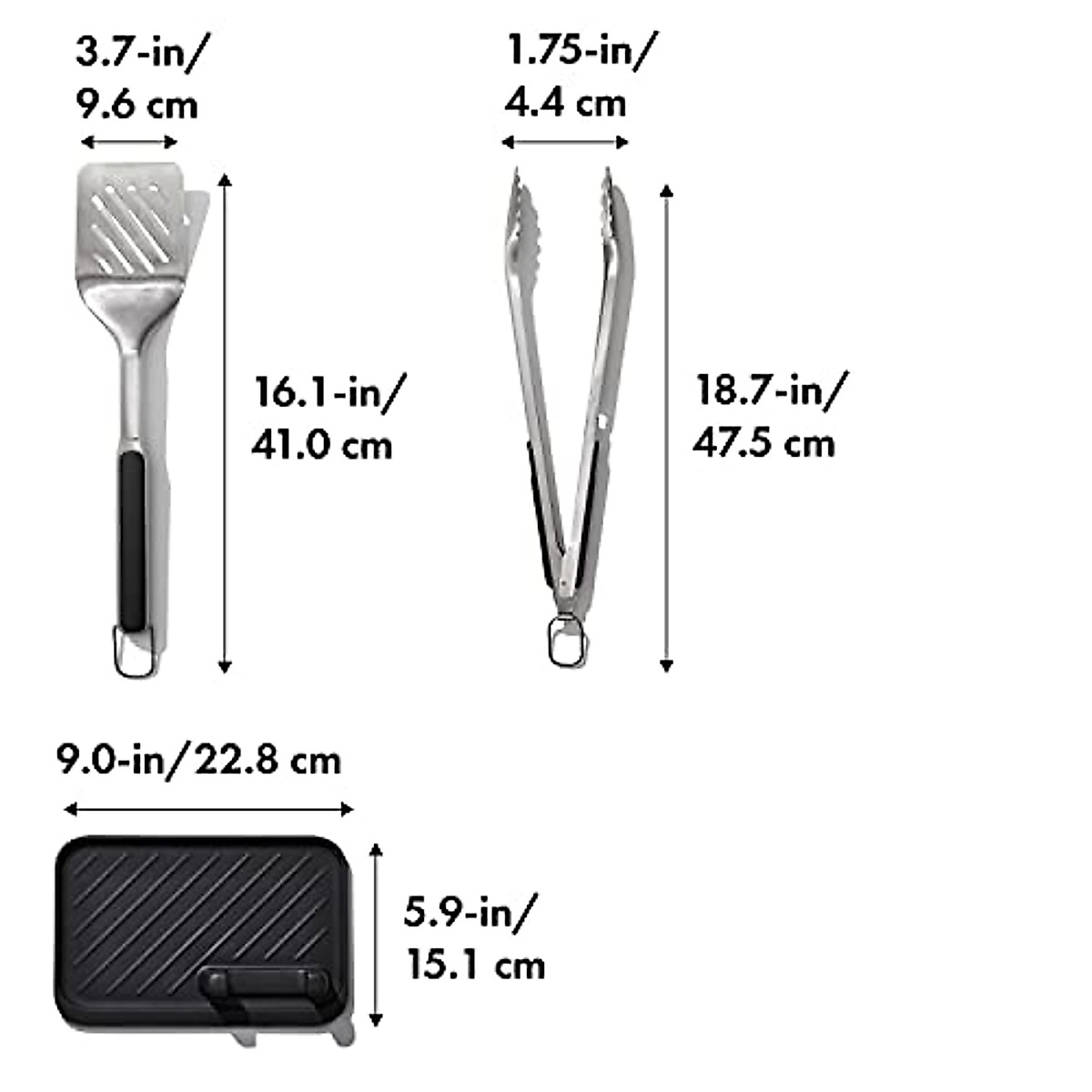 OXO Good Grips Grilling Tools, 3pc Set-Tongs, Turner Rest, Black