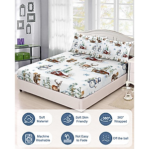 Rusic Christmas Fitted Sheets Elastic Deep Pocket 3 Pieces Bedding Set Full Size,Farmhouse Snowman Wooden Barn Reindeer Soft Brushed Bed Sheets,Winter Snow Scene Bottom Sheet