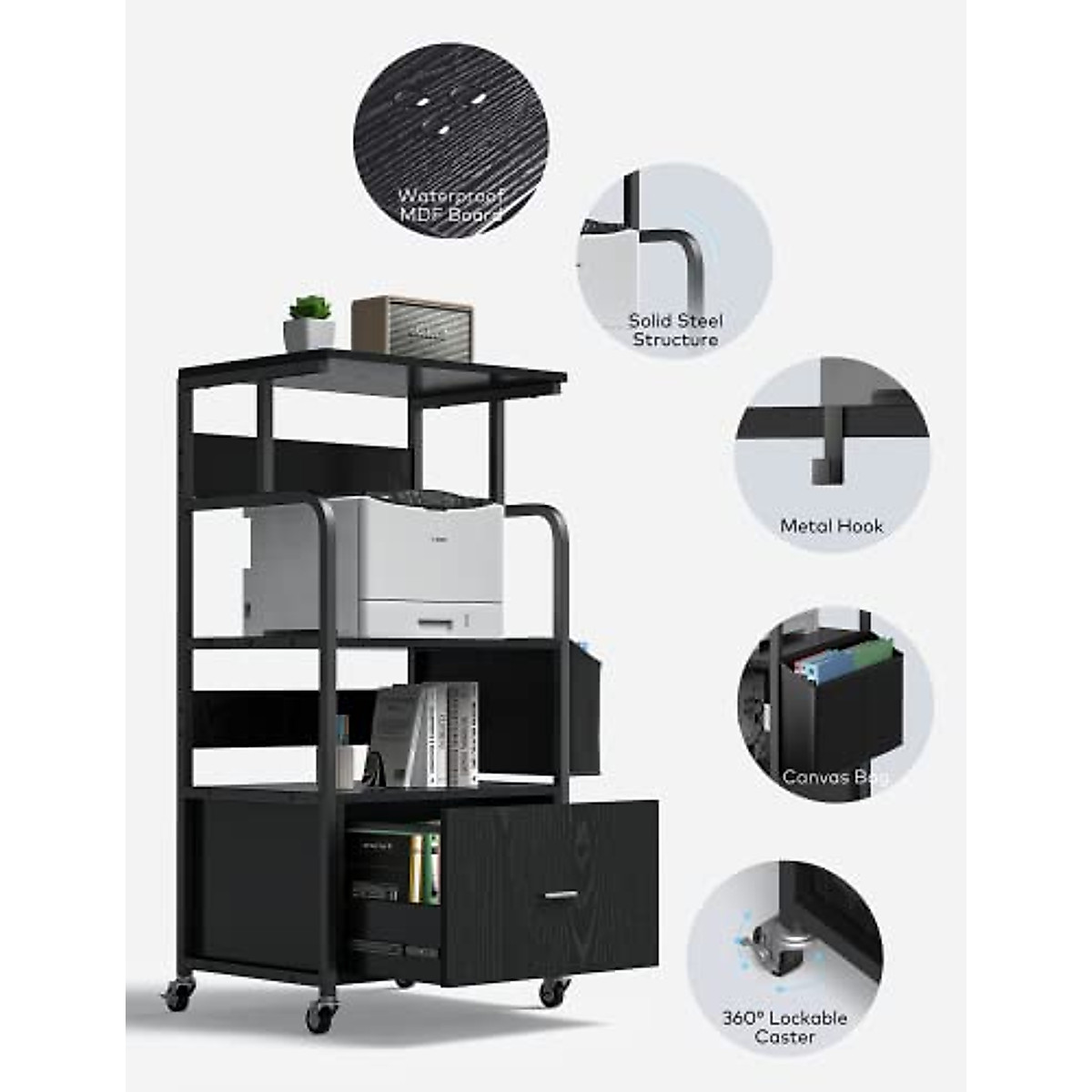Bealife 3 Tier Home Office Printer Stand with Drawer,Side Canvas Bag, Metal Hook, Tall Mobile Printer Rack Cart with Ample Storage Space, Durable Lockable Casters, Multifunctional in Use - Black