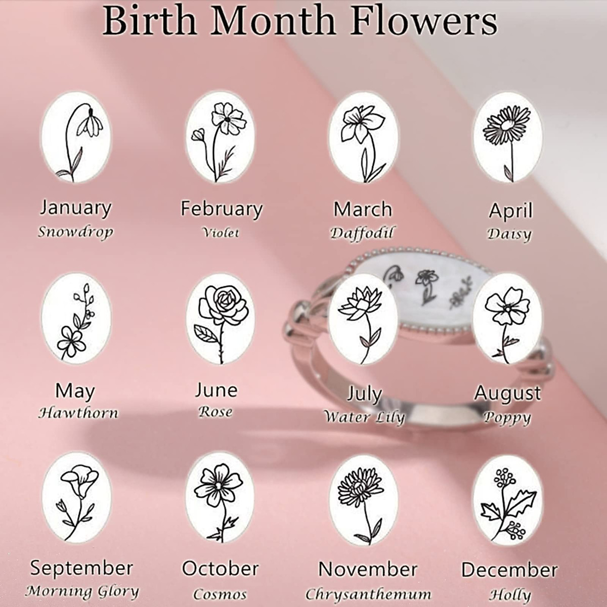 Personalized Custom Vintage Birth Flower Ring Squal Oval Shell Band Sterling Silver Engraved Month Flower Floral Wildflowers Daisy Finger Wedding Ring Bands Jewelry Birthday Gifts for Her Women Men Girl (Oval, Silver)