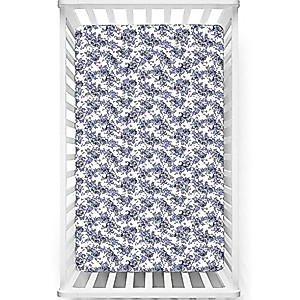 Rose Themed Fitted Crib Sheet,Standard Crib Mattress Fitted Sheet Ultra Soft Material-Baby Sheet for Boys Girls,28“ x52“,Ceil Blue Indigo and White