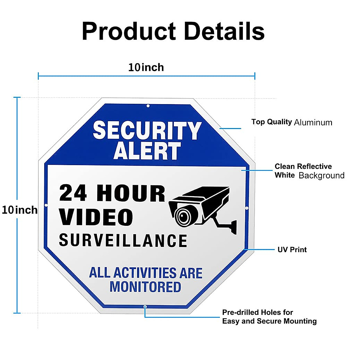 Video Surveillance Signs, Aluminum 10" x 10" Outdoor Security camera Signs for Property, Metal Reflective Warning Sign for Home Business CCTV Security Camera - 2 Pack