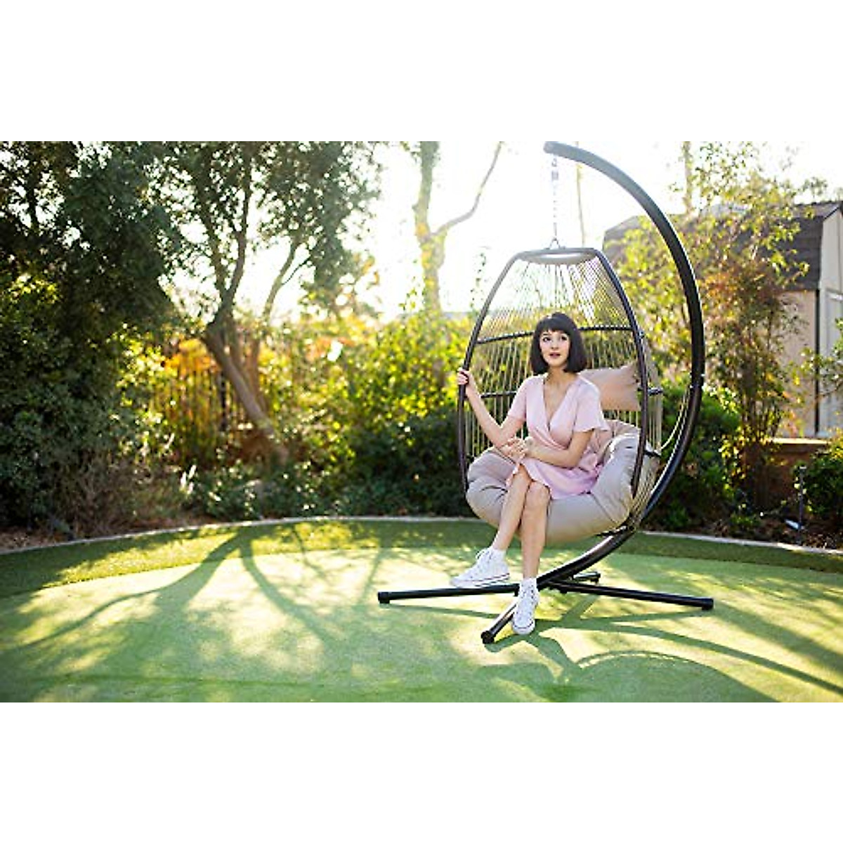 Barton Premium Egg Chair Egg Style Hanging Chair Beige w/Deep Cushion Soft Relaxing Luxury Outdoor Indoor Patio Bedroom Hanging Swinging