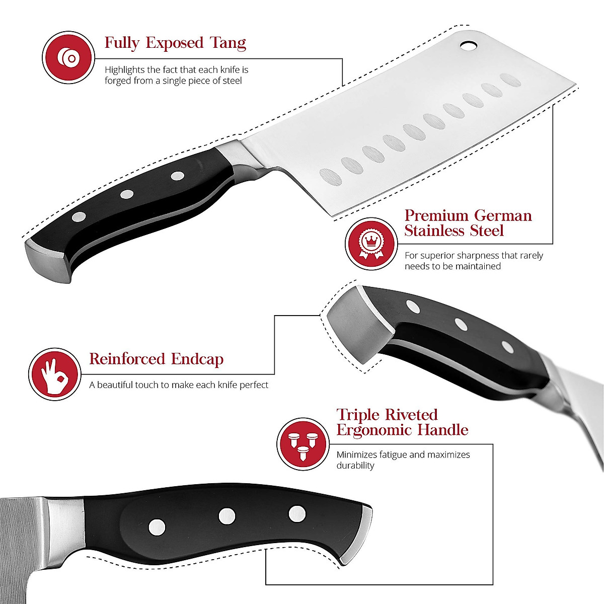 Master Maison Walnut Kitchen Knife Set With Knife Block & Bonus Cleaver | German Stainless Steel Knives With Knife Sharpener & 8 Steak Knives | Butcher Block Knife Sets For Kitchen
