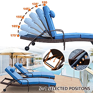 NOBLEMOOD Outdoor Lounge Chairs Set of 2 Beach Wikcer Chaise Lounge with Wheels, Cushion, Adjustable Backrest for Outside Pool Sun Shelf Tanning Bathing (Blue)