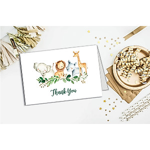 25 Safari Thank You Cards With Envelopes (Thick Card Stock) Baby Shower, Jungle Greenery Large Size 4x6 Zoo Animal Giraffe Lion Elephant Gratitude For Party, Girl Boy Children Birthday Stationery