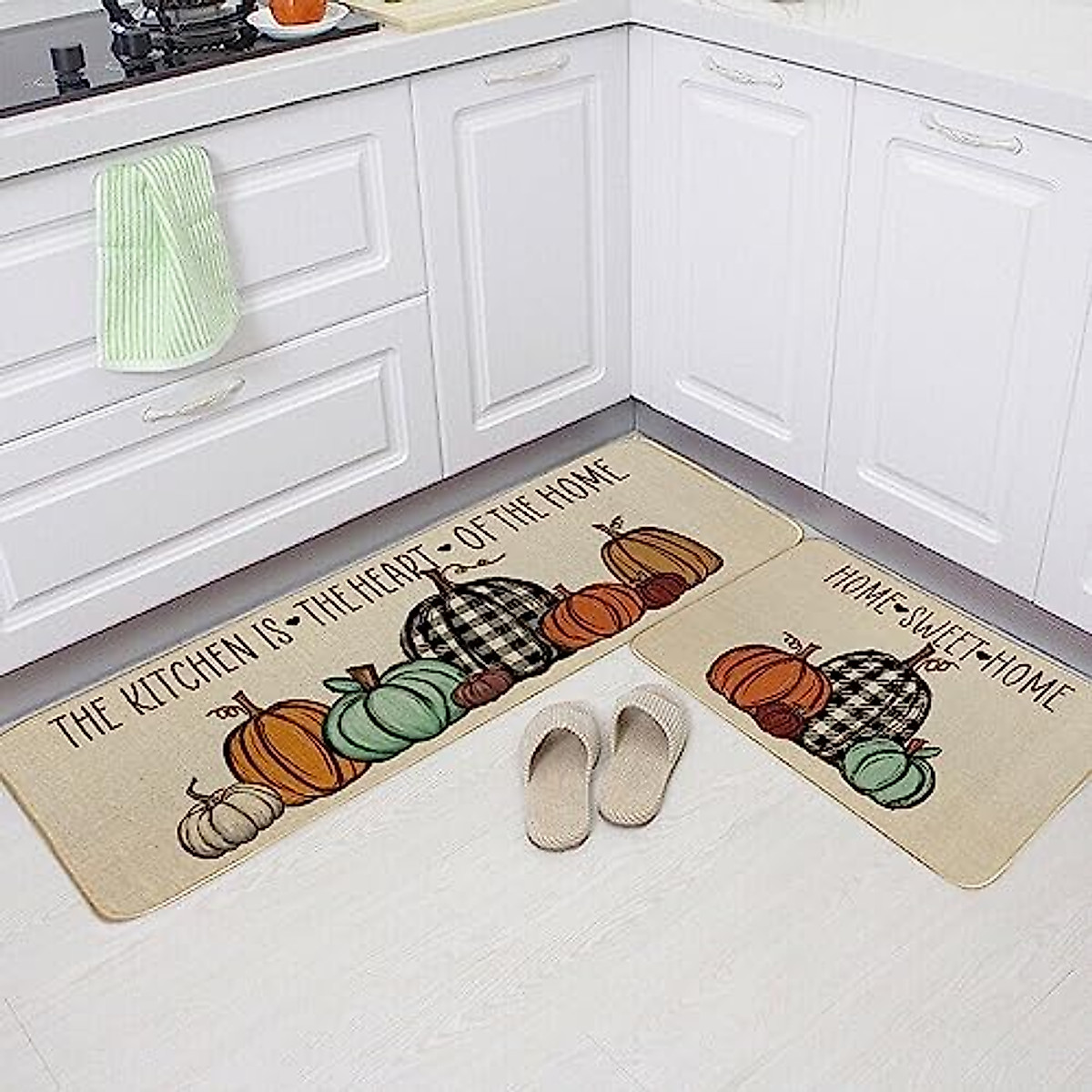 GEEORY Fall Kitchen Mats, Set of 2 Pumpkins Buffalo Plaid Check Floor Mat Farmhouse Party Seasonal Holiday Decorations 17x29 and 17x47 Inch (Black and White) GK067