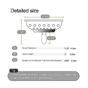 KONE 2PCS Kitchen Sink Basket Strainer Replacement for 3-1/2 Inch Standard Drains Brushed Stainless Steel Body Metal Center Knob with Rubber Stopper