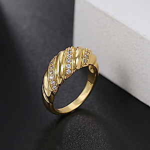 YOUFENG 18k Gold Filled Chunky Dome Ring for Women Croissant Braided Twisted Stacking Band for Women Statement Ring Size 9